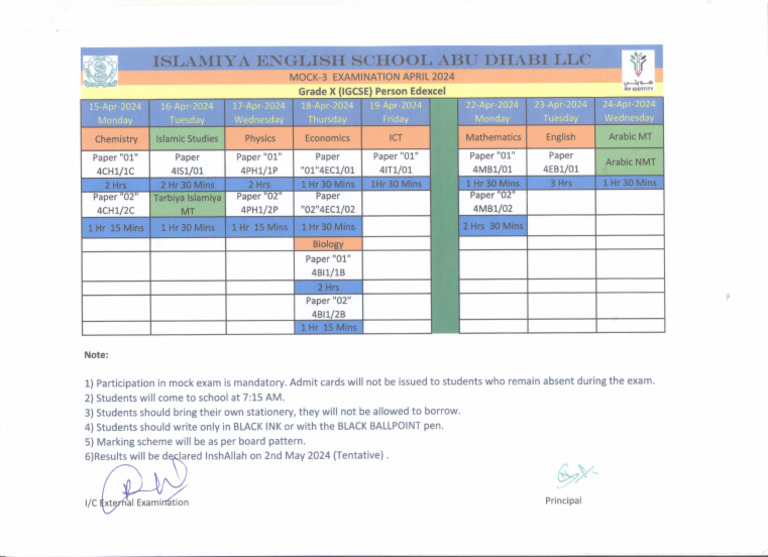 Grade 10 Mock 3 Time Table1 | PDF