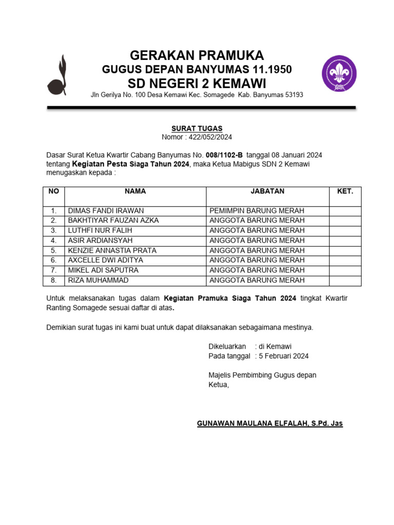 SURAT TUGAS Pramuka Siaga 2024 | PDF