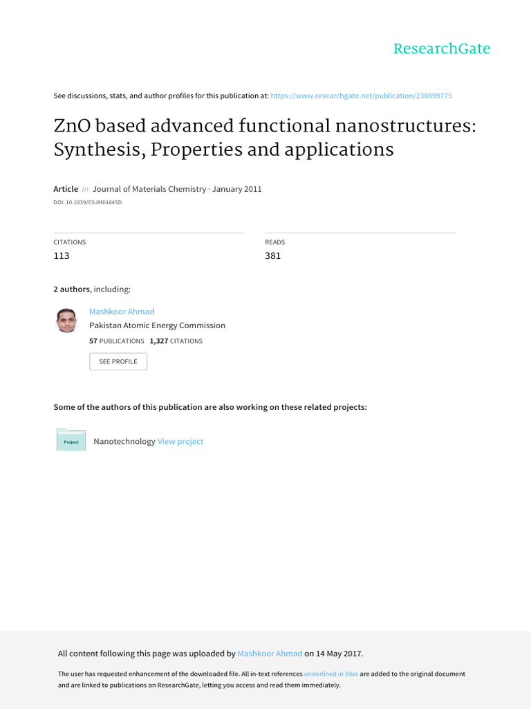ZnO based advanced functional nanostructures synthesis, properties and | PDF | Zinc Oxide ...
