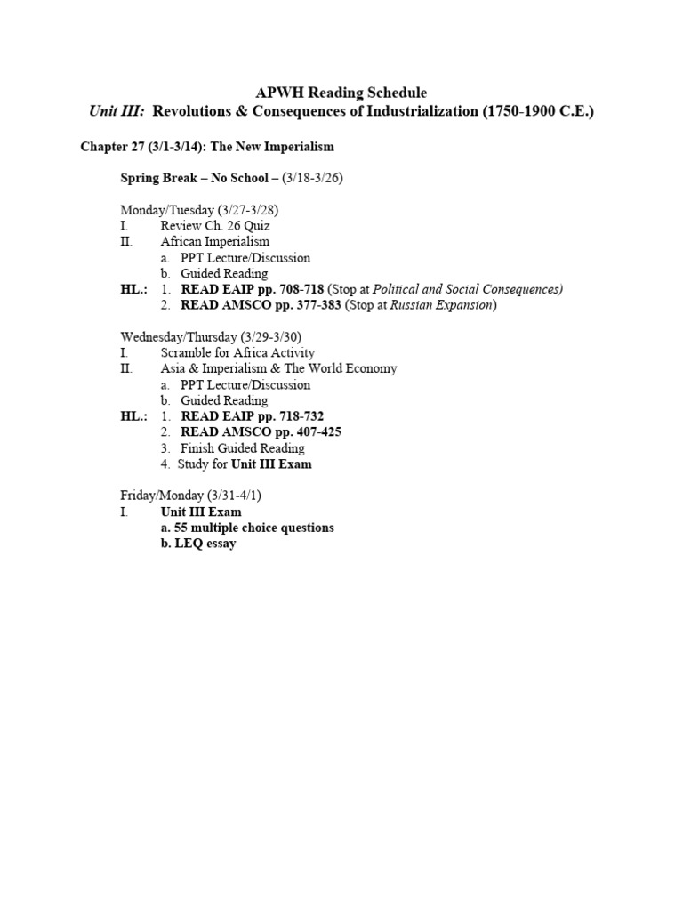 APWH Unit III Reading Schedule | PDF