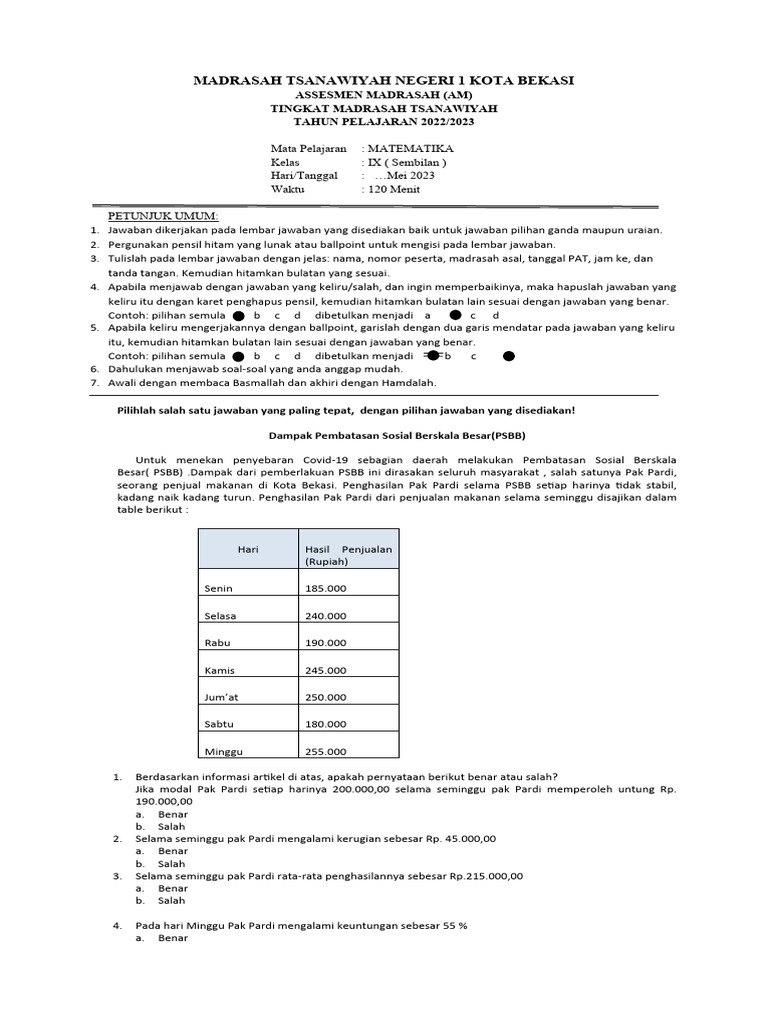 Soal Ujian Am MTK Mts 2022-2023 Kelas 9 | PDF