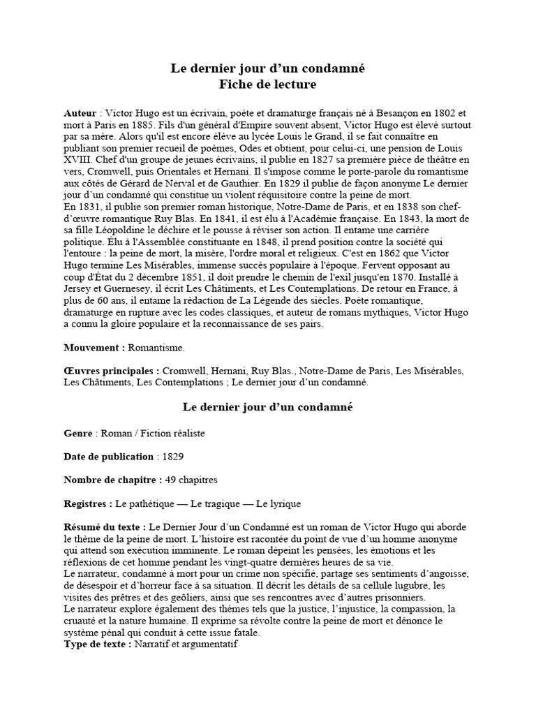 Fiche de lecture : Le Dernier Jour d'un Condamné | PDF | Victor Hugo