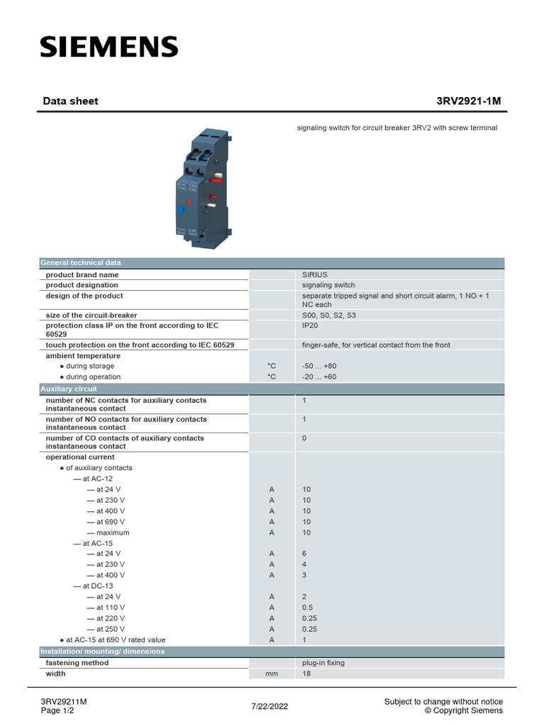 3RV29211M Datasheet en | PDF | Electrical Engineering | Electricity