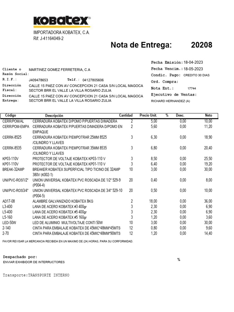 Nota de Entrega:: Importadora Kobatex, C.A. Rif: J-41164049-2 | PDF