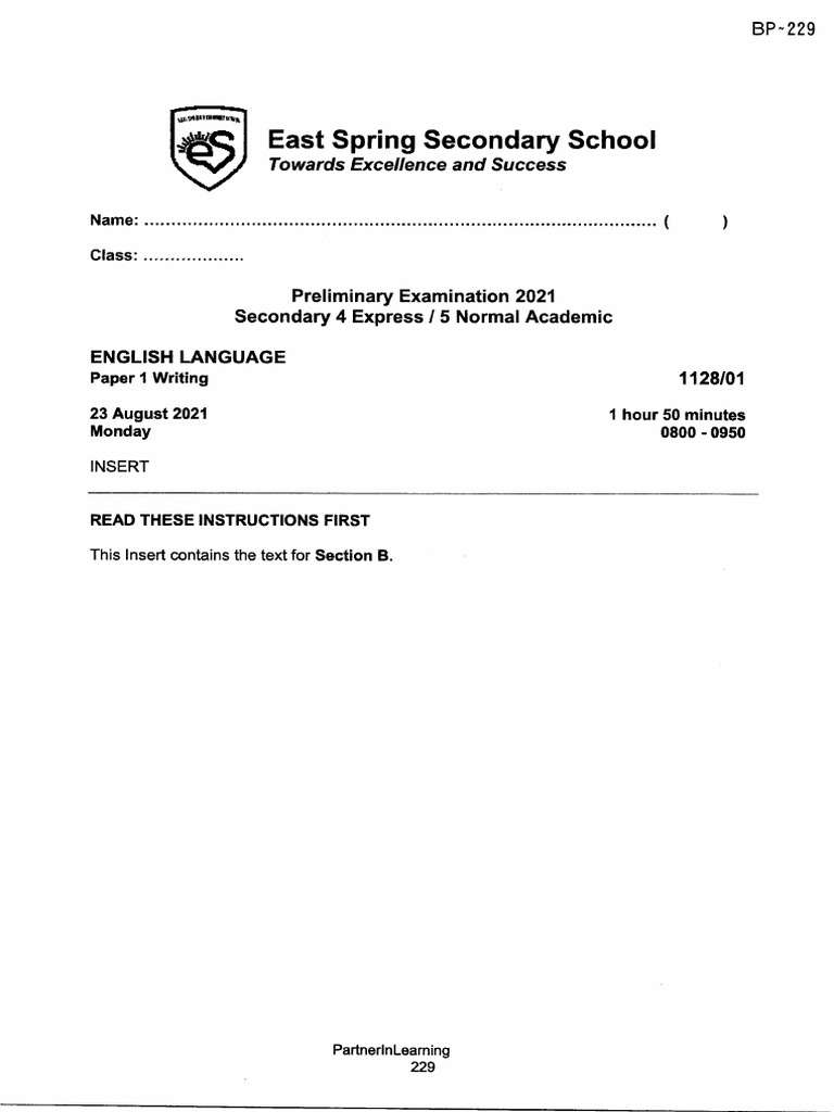 2021 Sec 4 Express English Prelim East Spring Secondary With Answer | PDF