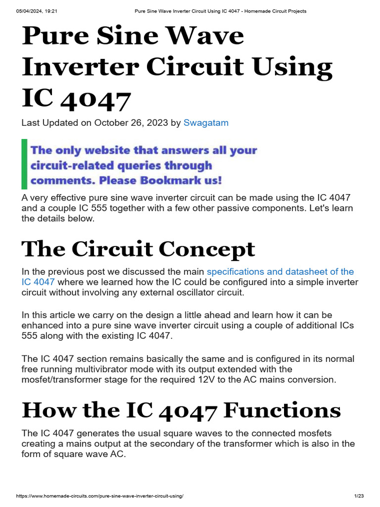 Pure Sine Wave Inverter Circuit Using IC 4047 - Homemade Circuit ...