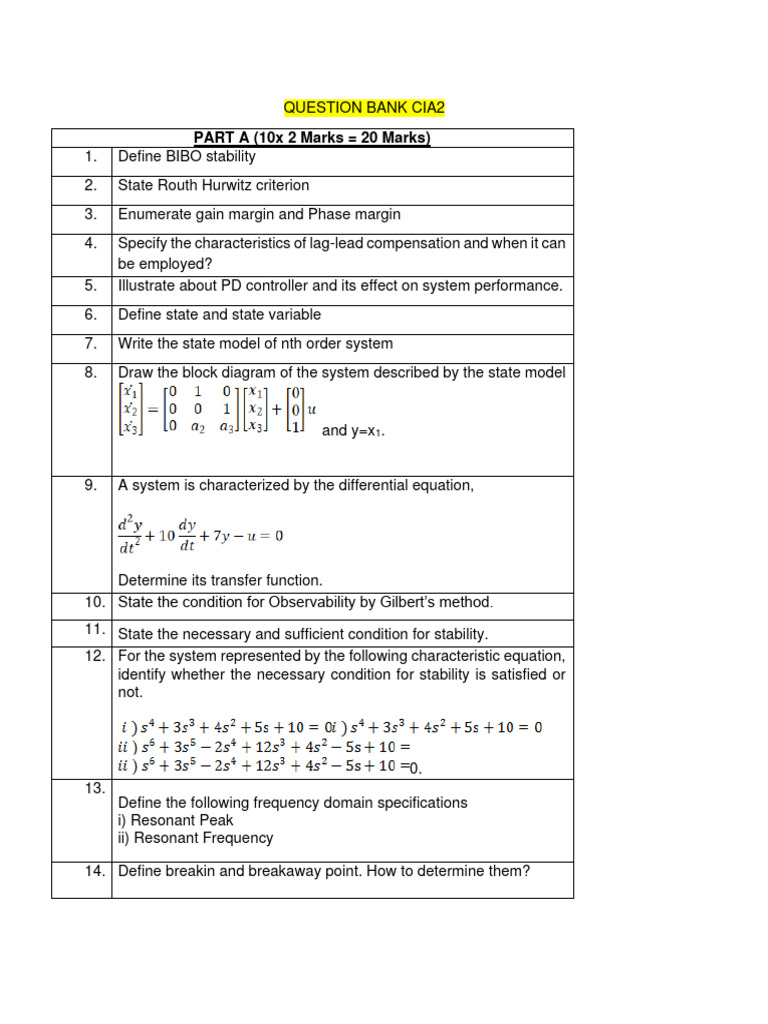 Control Engineering Question Bank Cia2 | PDF | Control Theory | Feedback