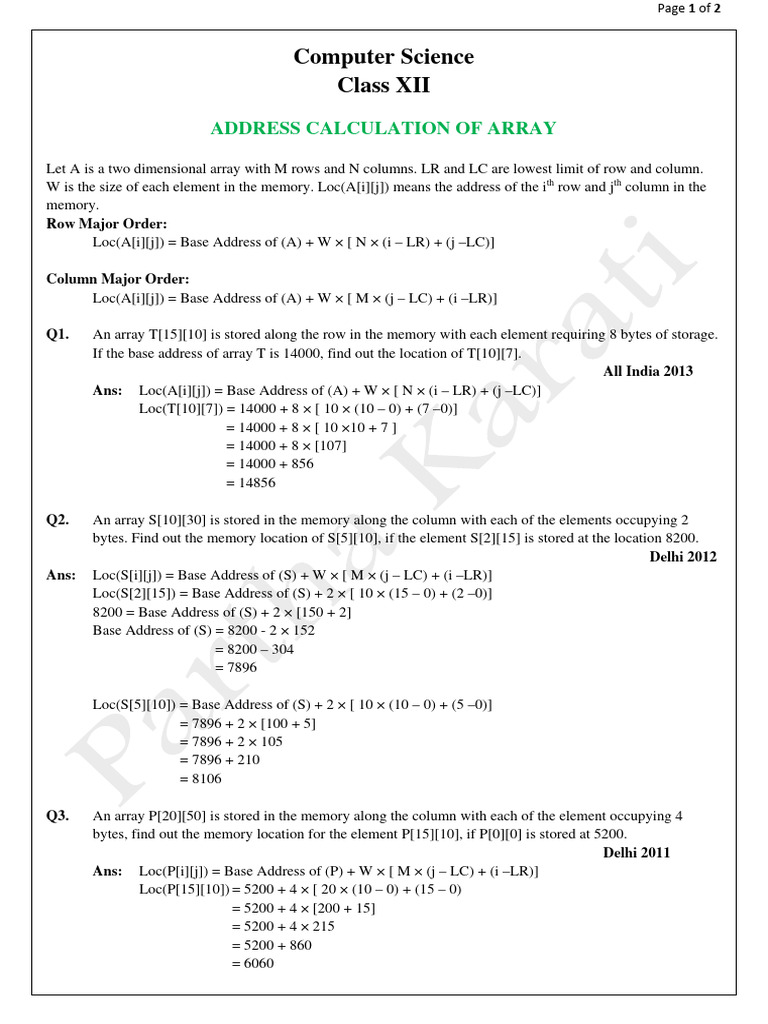 Computer Science Address Calculation of Array | PDF | Computing | Computer Hardware