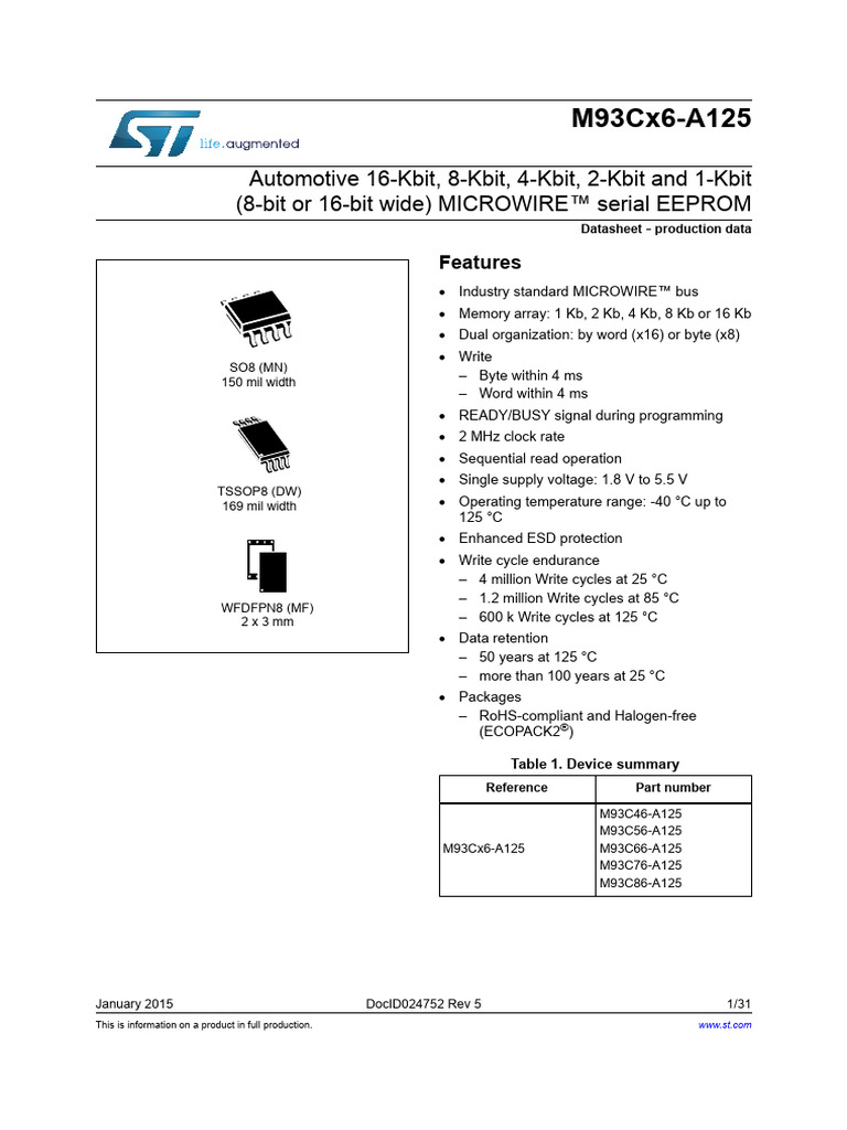 M93C46 A125 STMicroelectronics | PDF | Bit | Error Detection And Correction