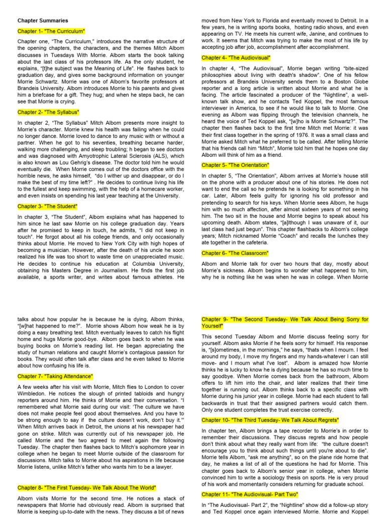 Tuesday With Morrie-Chapter Summaries | PDF