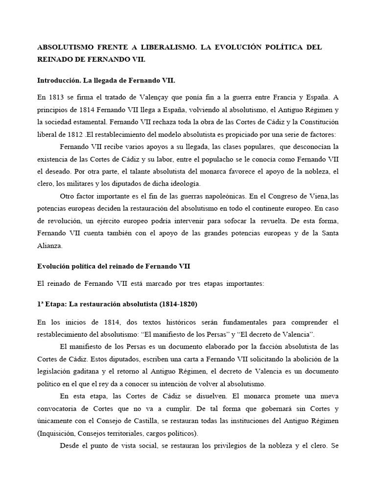 Tema 8 - Absolutismo Frente A Liberalismo. La Evolución Política Del Reinado de Fernando VII ...