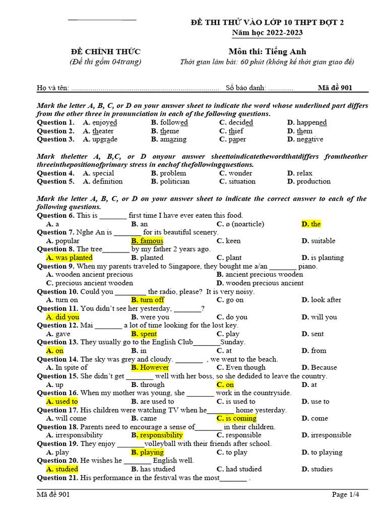 Dot 01 - Tieng Anh - Ma - de - 901 | PDF | Hawaii