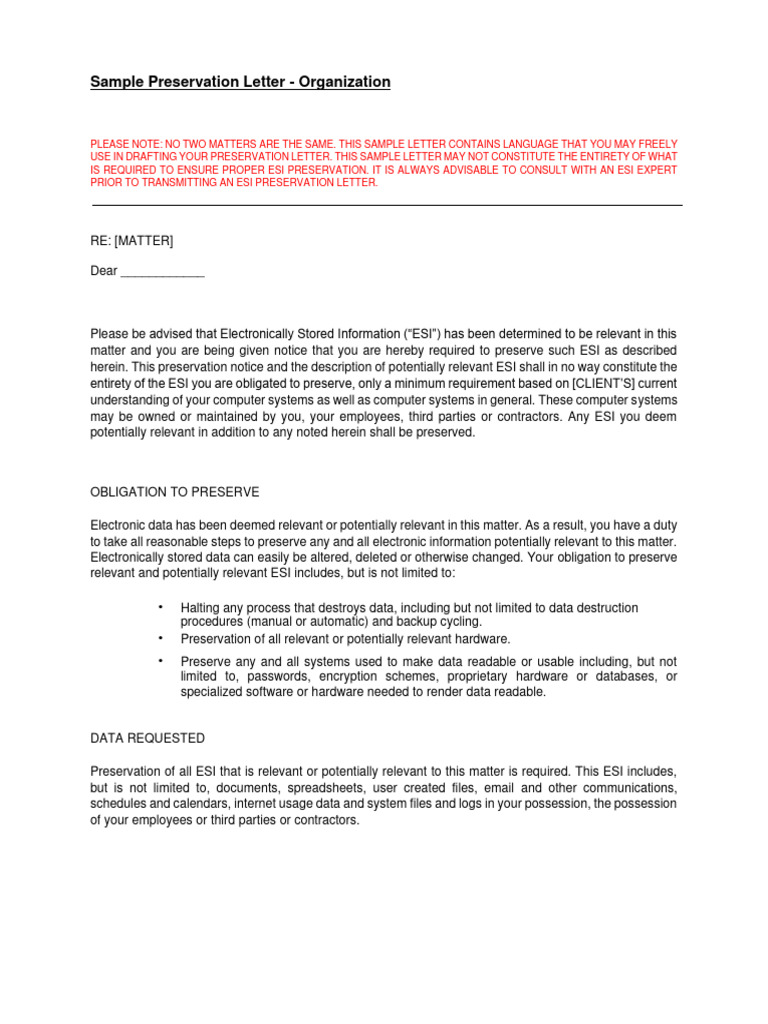 Sample Preservation Letter | PDF | Computer File | Backup