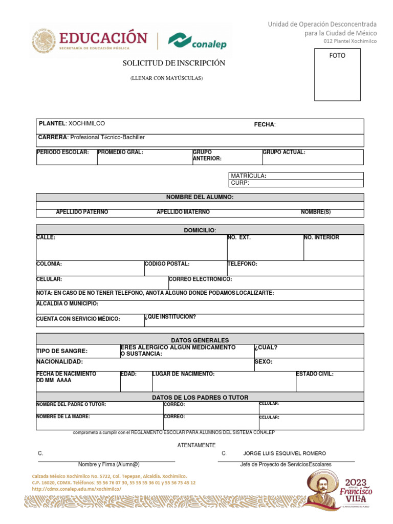 Solicitud de Inscripción CONALEP Xochimilco | PDF