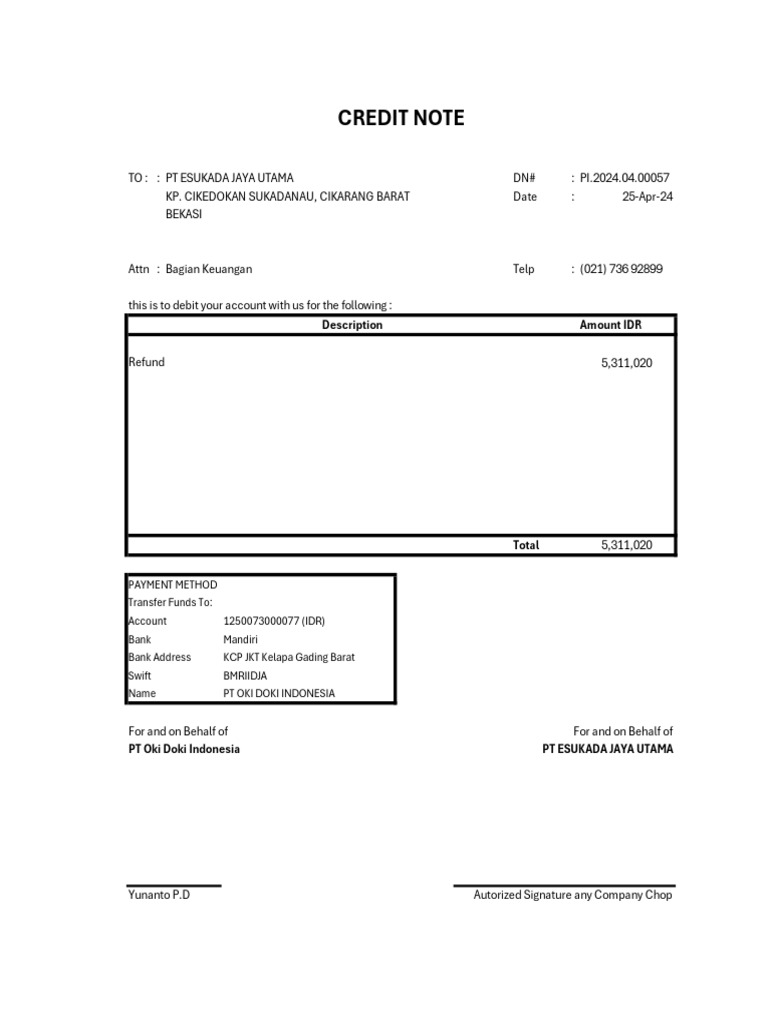 Refund Credit Note for PT Esukada Jaya | PDF