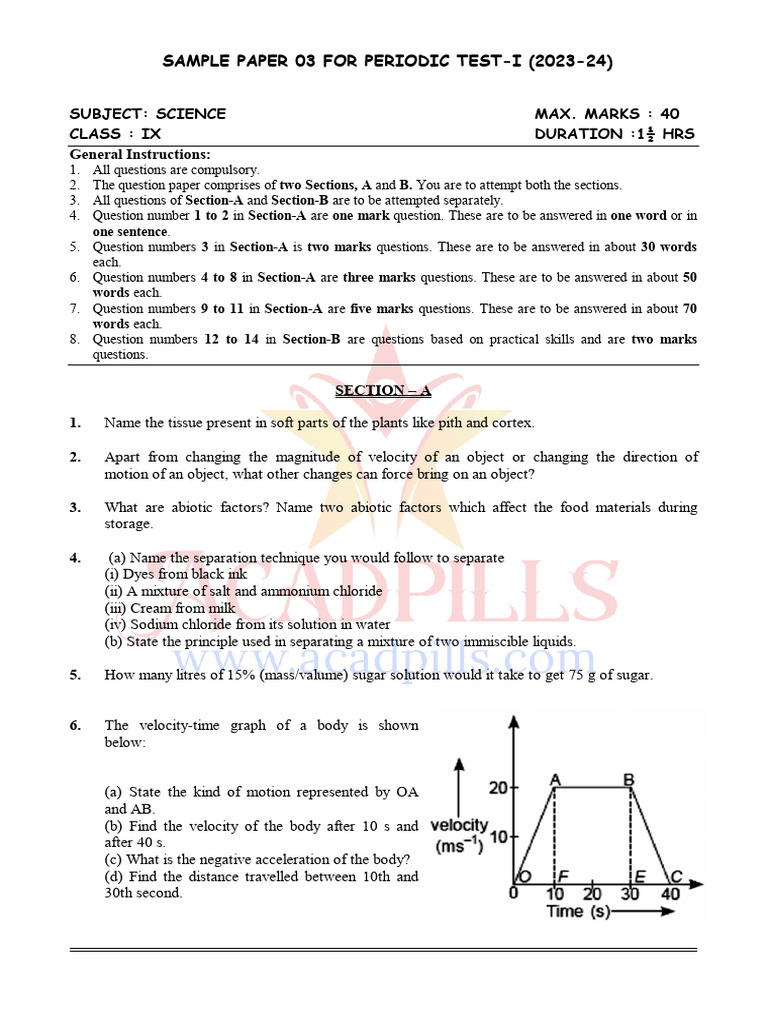 Science Class Ix Periodic Test I Sample Paper 03 | PDF | Force ...