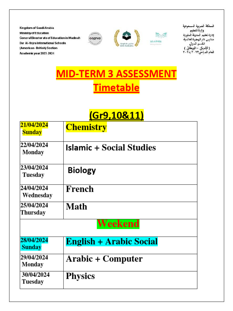 (Gr9,10&11) MID-TERM 3 ASSESSMENT Timetable | PDF