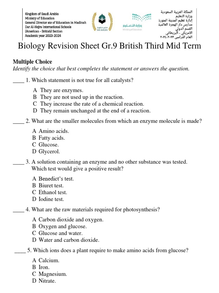 Grade 9 Biology Revision Guide | PDF | Enzyme | Active Site
