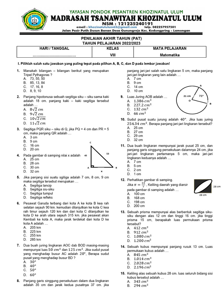 Soal PAT Matematika Kelas 8 Mts | PDF