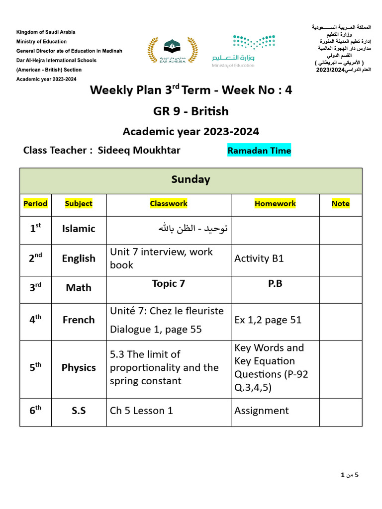 Gr9 British Weekly plan- Term 3- W 4 | PDF
