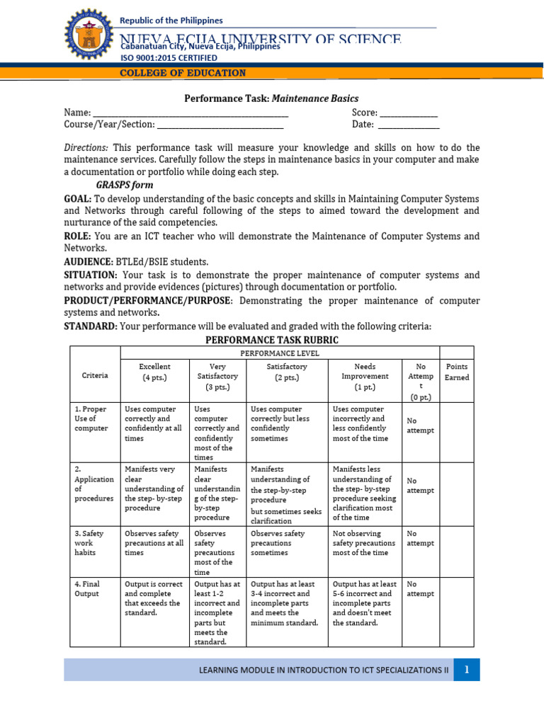 (Template) SURNAME, FIRST NAME, MI. SECTION - UNIT 3 - Performance Task 1-Maintenance Basic ...