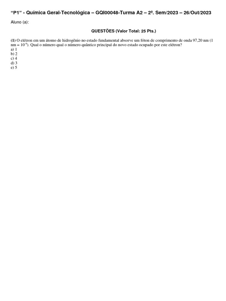 Prova P1 Q Geral Tecno 2o Sem 2023 Turma A2 - 26 Out 2023 | PDF | Elétron | Íon