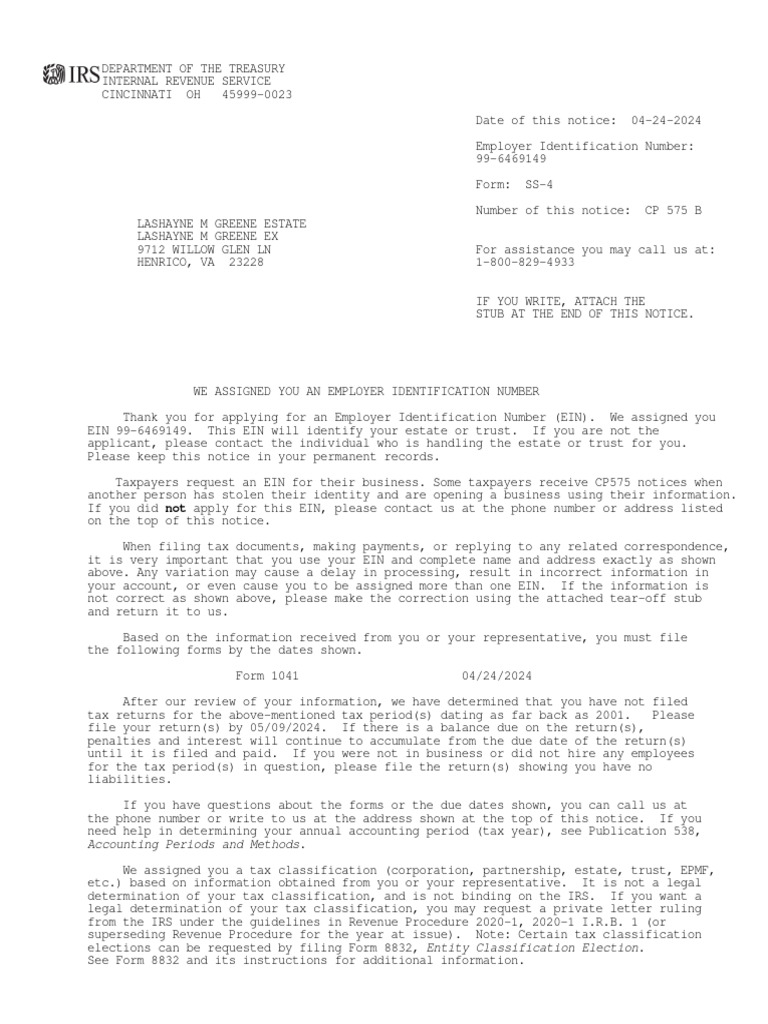 EIN Assignment Notice for Estate | PDF | Internal Revenue Service | Taxes