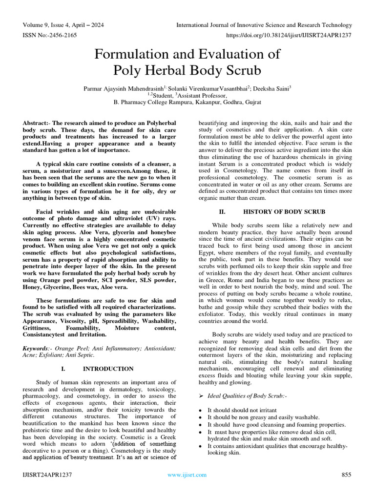 Formulation and Evaluation of Poly Herbal Body Scrub | PDF | Skin Care | Cosmetics