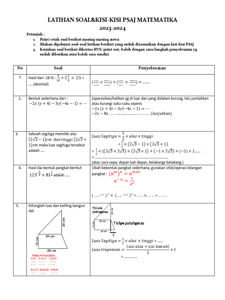 LATIHAN SOAL PSAJ MTK, 2023-2024 | PDF