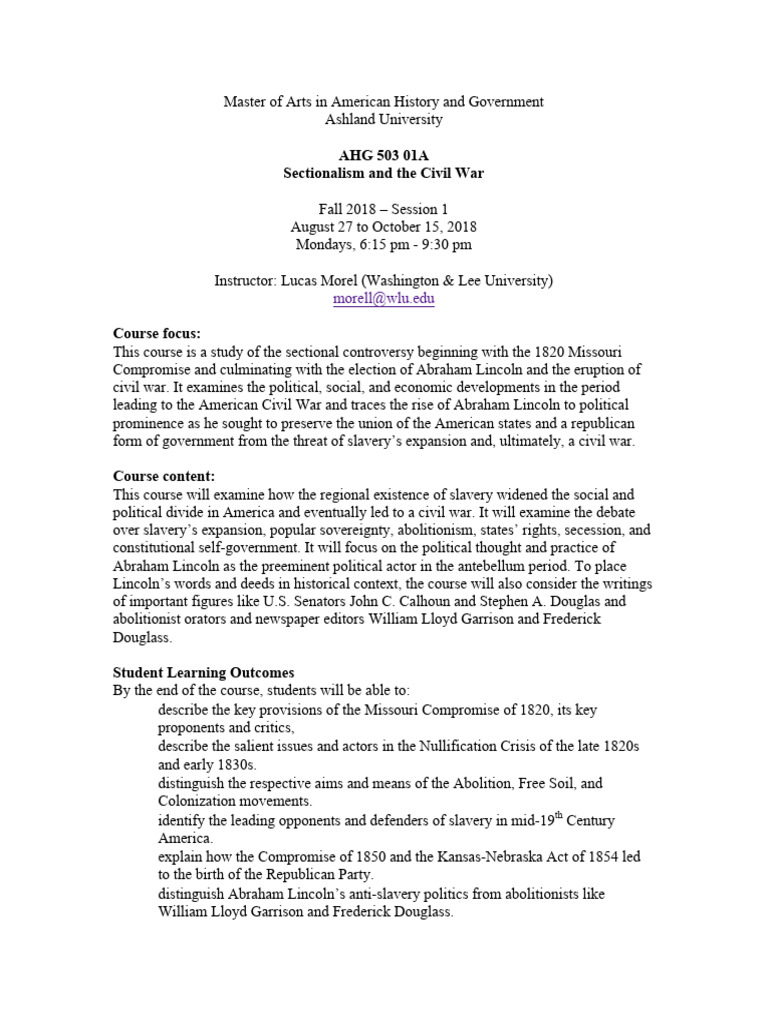 Sectionalism & Civil War Syllabus | PDF | Abraham Lincoln ...