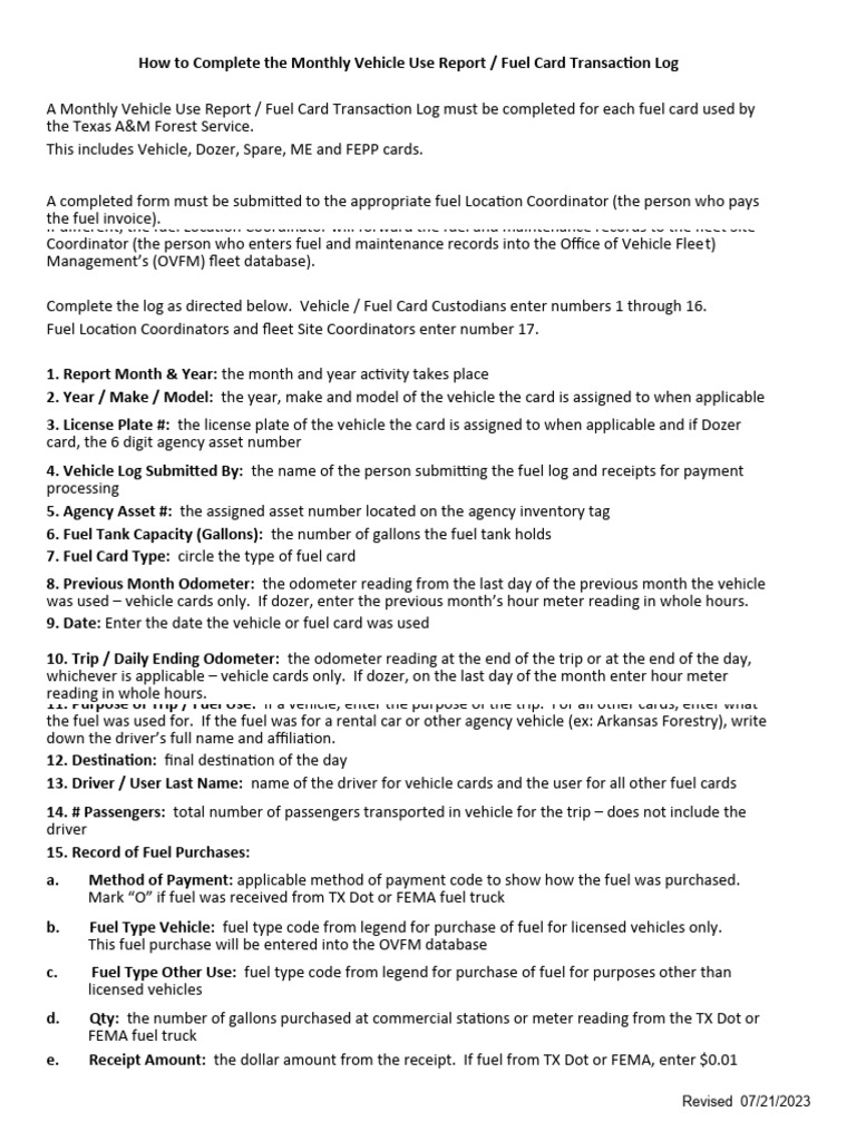 Monthly Vehicle Use RPT - Fuel Card Trans Log | Download Free PDF ...