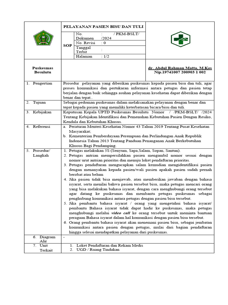 Sop Pelayanan Pasien Bisu & Tuli | PDF