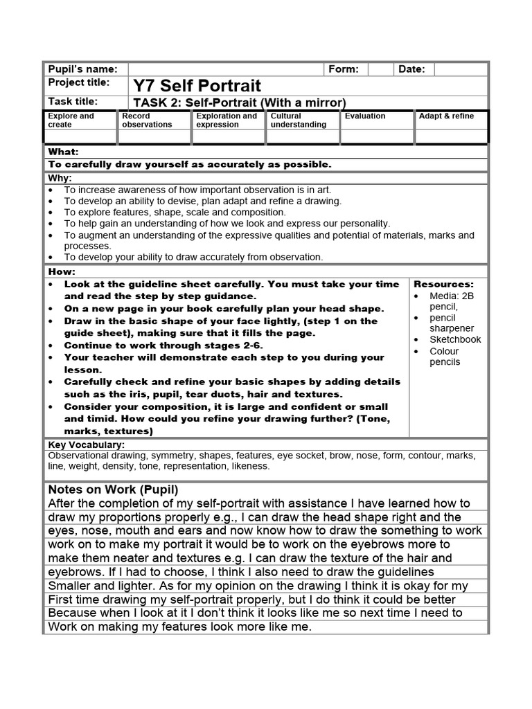 TASK 2 Y7 Self Portrait Drawing | PDF | Drawing | Cognition