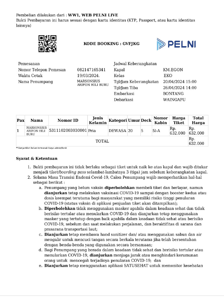 E-Tiket PT Pelni KM - Egon. | PDF