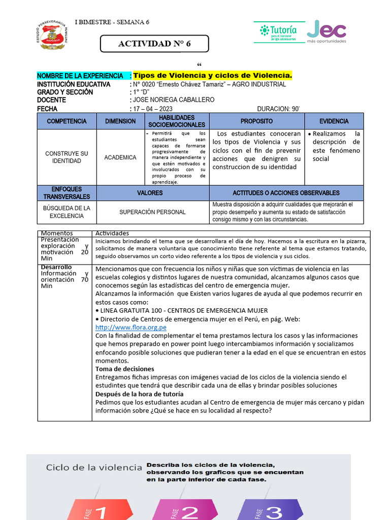 Actividad #6 Tipos de Violencia y Ciclos de Violencia. Tutoria 1° D | PDF | Violencia | Aprendizaje