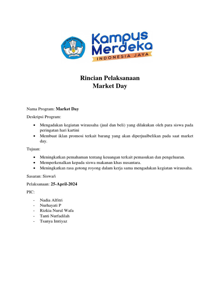 Rincian Pelaksanaan Kegiatan Market Day | PDF