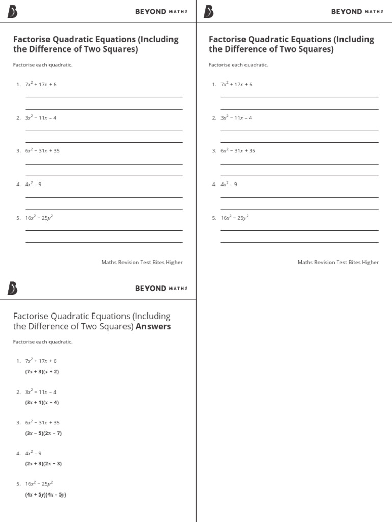6 Factorise Quadratic Equations (Including The Difference | PDF