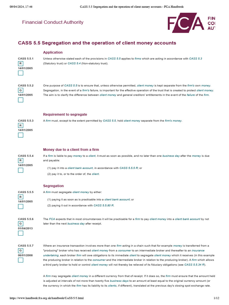 CASS 5.5 Segregation and The Operation of Client Money Accounts - FCA ...