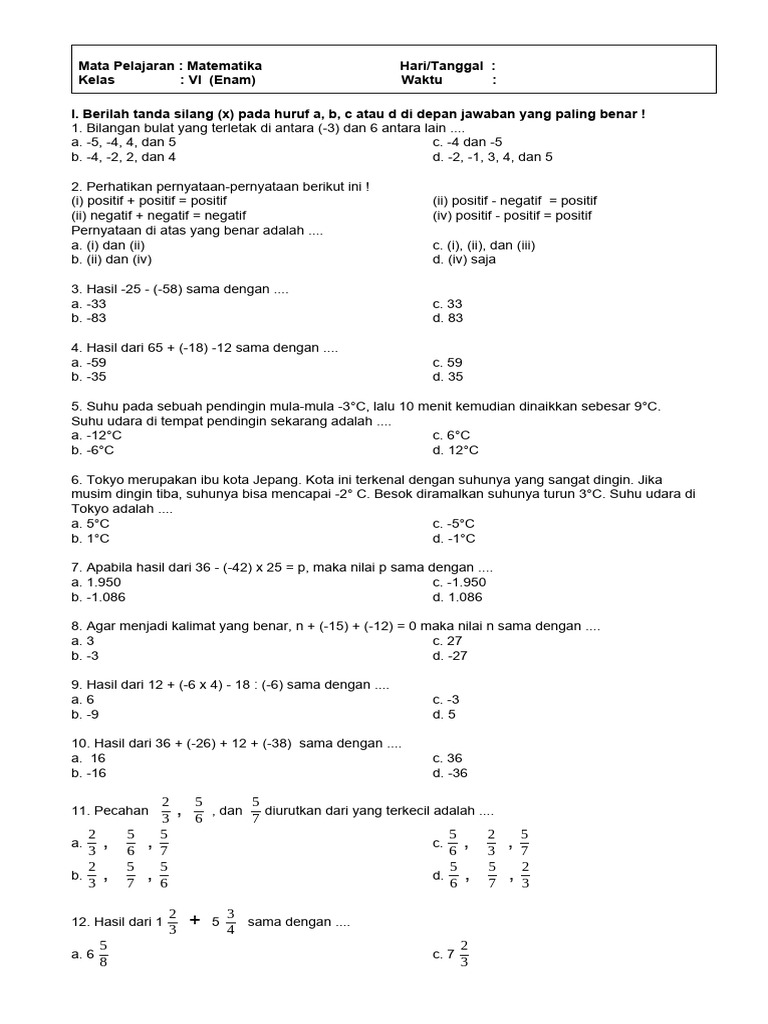 Soal PAS Matematika Kelas 6 Semester 1 Tahun 2019-2020 | PDF