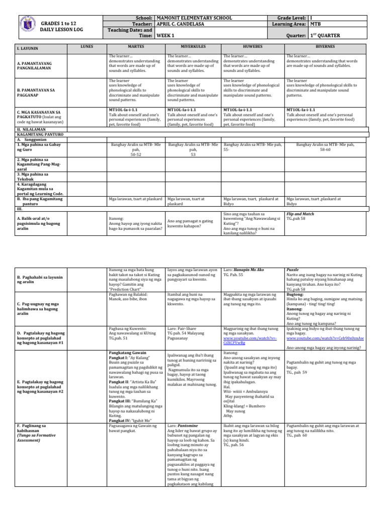 DLL - MTB 1 - Q1 - W1 | PDF