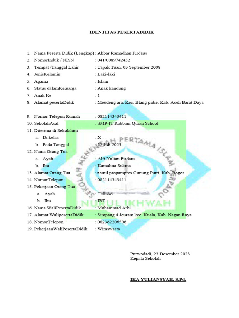 Identitas Rapor Ua 2023 | PDF