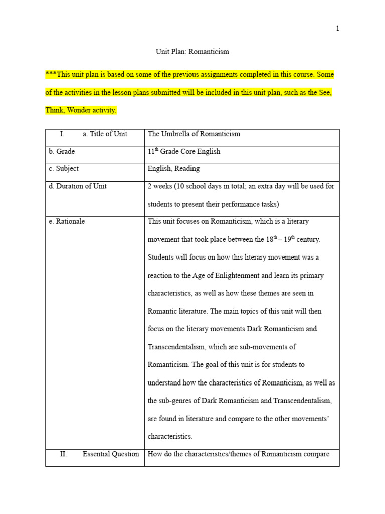 Ued492 Erestain Gabriella Unitplan | PDF | Transcendentalism | Romanticism