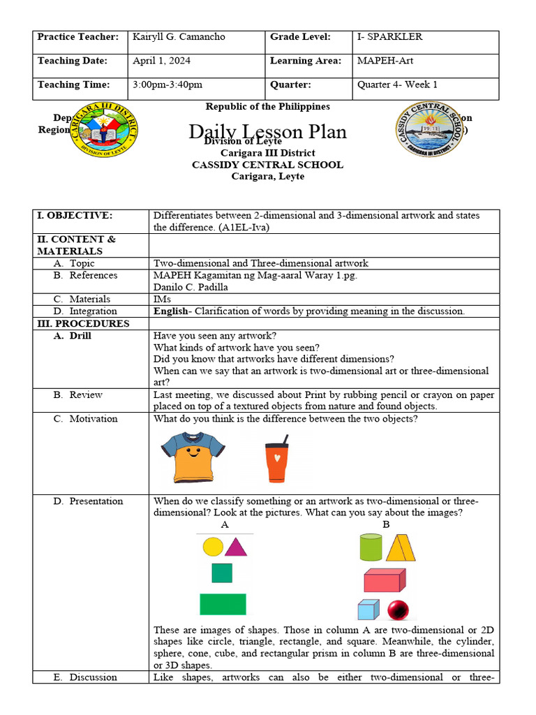 MAPEH Art 3 Quarter 4 Week 1 | PDF | Shape | Dimension