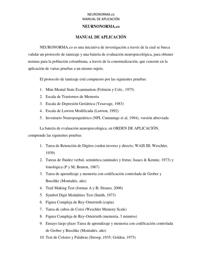 Manual Pruebas Neuronorma | PDF | Memoria | Depresión (estado de ánimo)