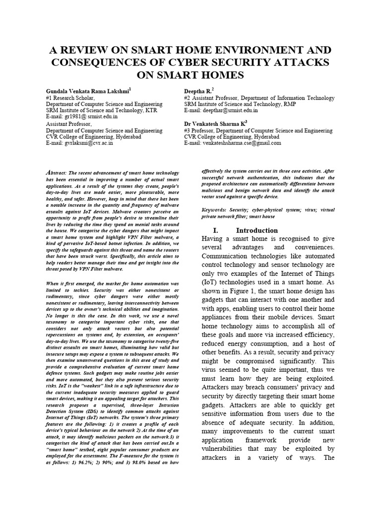 A Review On Smart Home Environment and Consequences of Cyber Security Attacks On Smart Homes ...