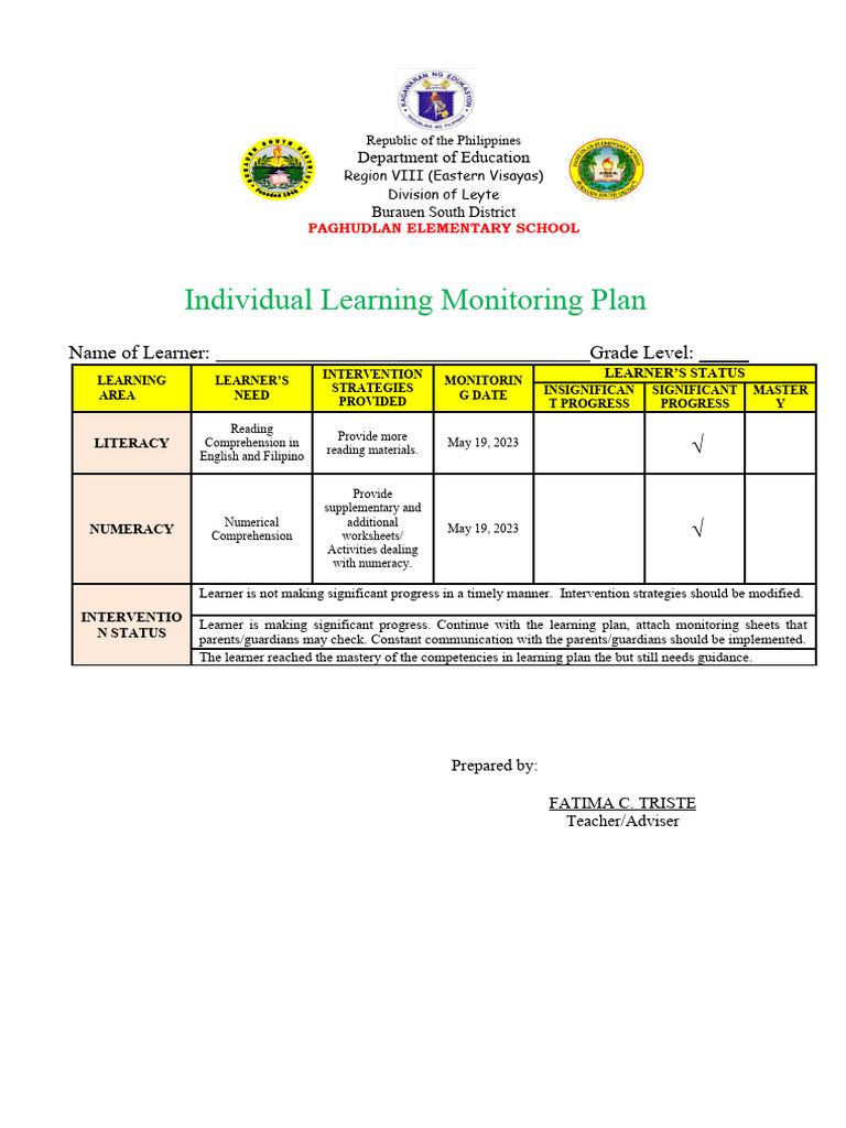 INDIVIDUAL LEARNING MONITORING PLAN | PDF | Learning Methods | Human ...