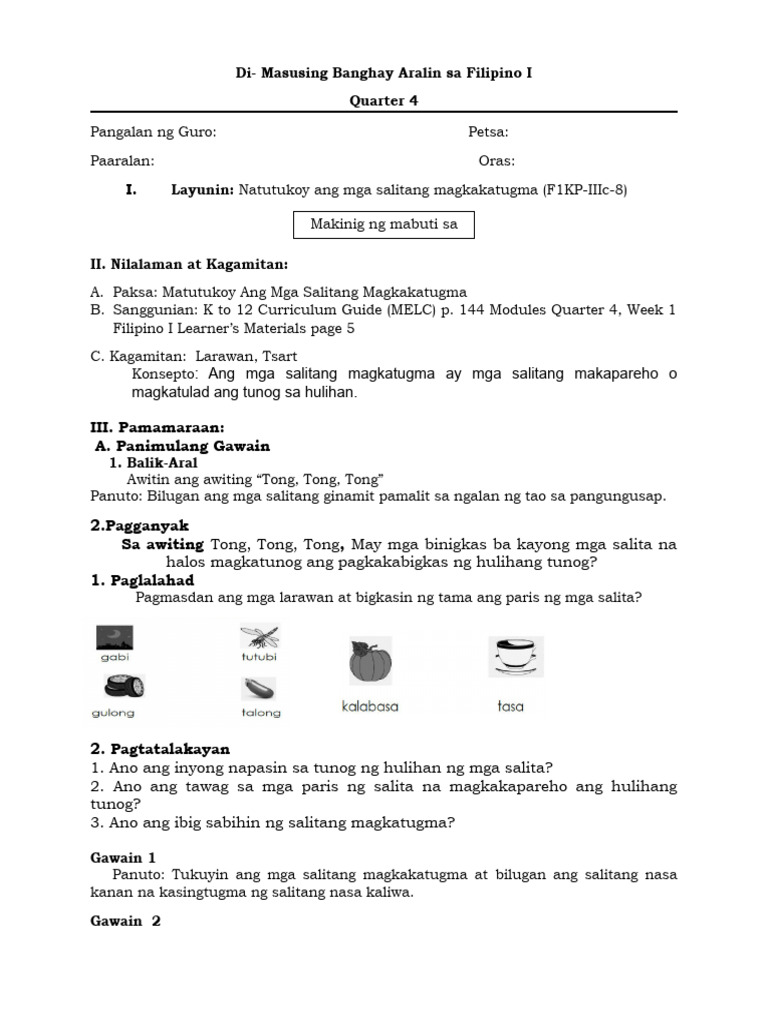 Filipino Lesson Plan Quarter 4 | PDF