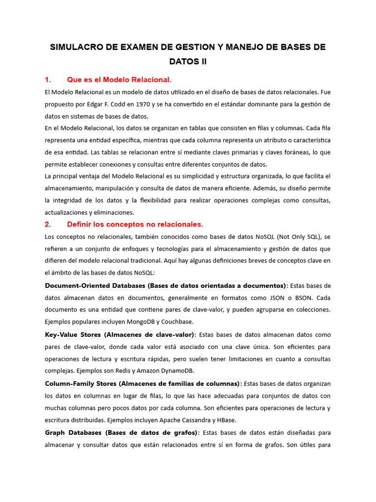 SIMULACRO DE EXAMEN DE GESTION Y MANEJO DE BASES DE DATOS II | PDF | Bases de datos | Base de ...