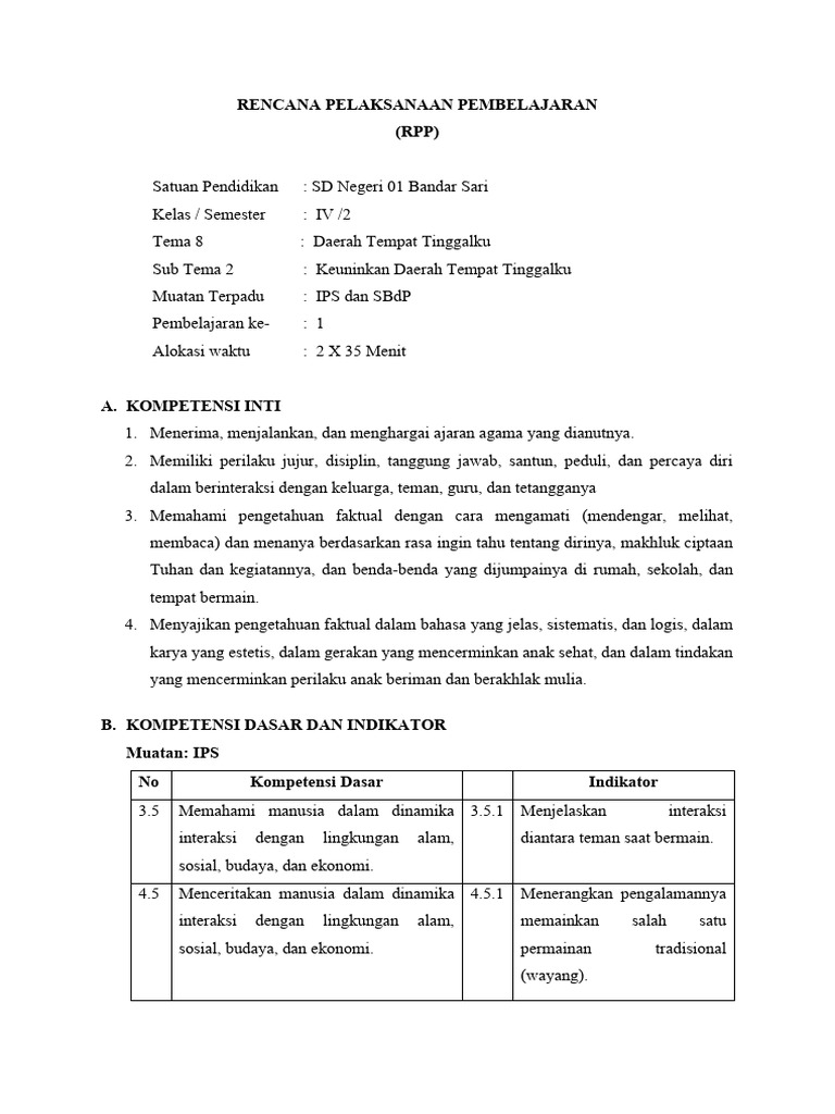 Dhea Malinda RPP Kls 4 Tema 8 ST 2 Pem.1 | PDF