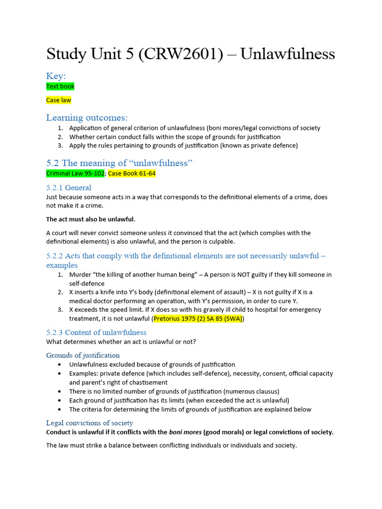 CRW2601 Study Unit 5 Unlawfulness I | PDF | Public Law | Criminal Justice